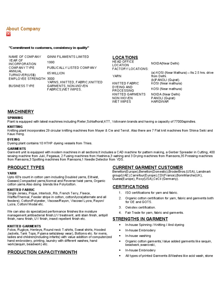 About Company: Locations | PDF | Textiles | Yarn