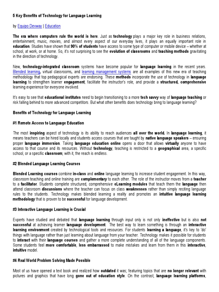5 Key Benefits of Technology For Language Learning | PDF | Educational ...