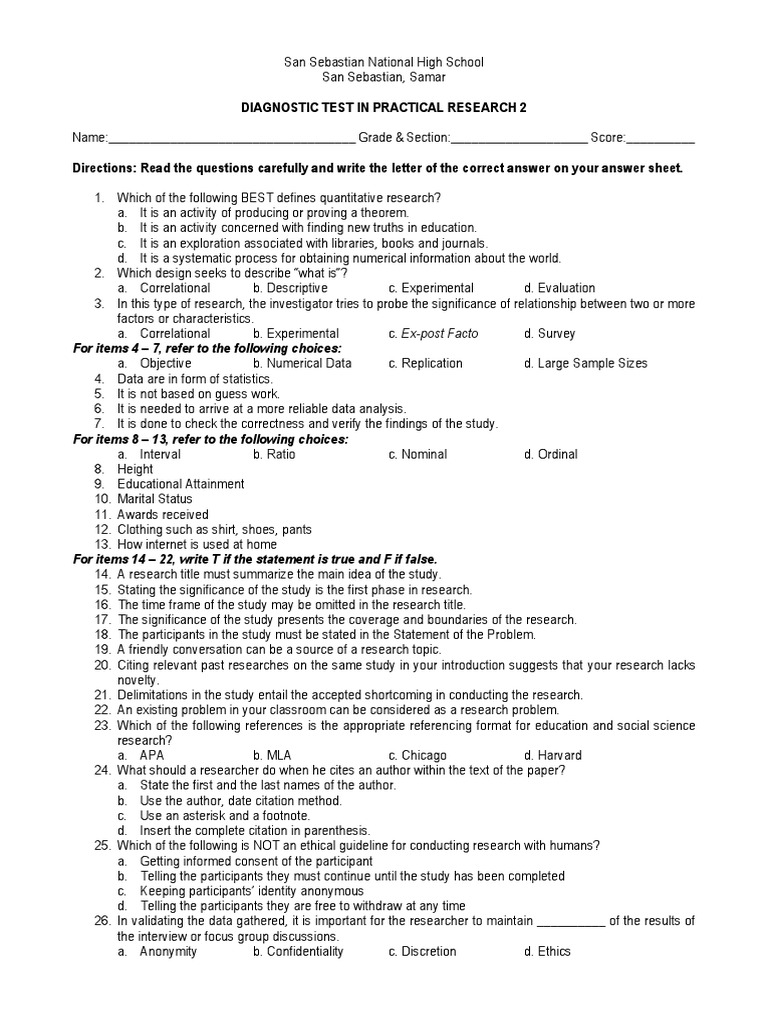 Diagnostic Test Practical Research 2 | PDF | Citation | Data