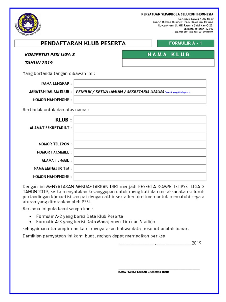 Pendaftaran Klub dan Pemain PSSI Liga 3 | PDF