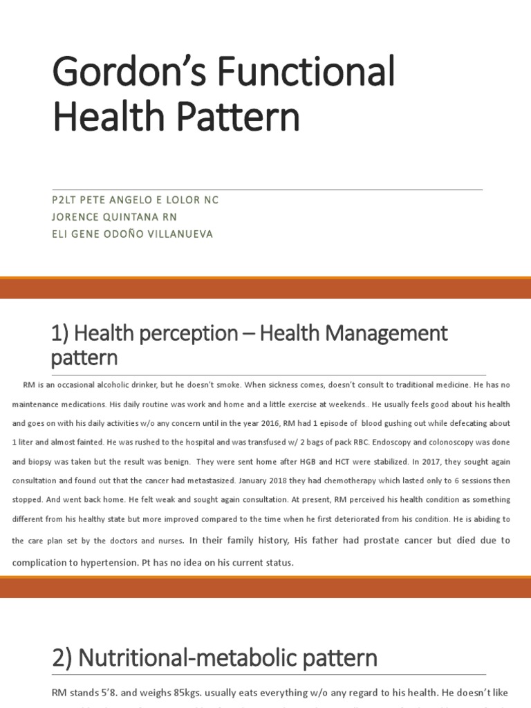 Gordon’s Functional Health Pattern Assessment | PDF | Sleep | Cancer
