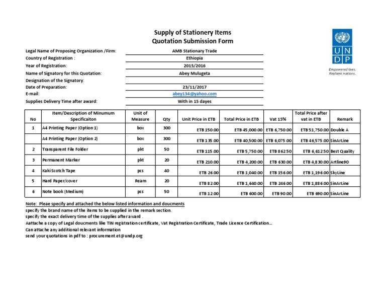 Stationery Item Supply Quotation Form | PDF | Business