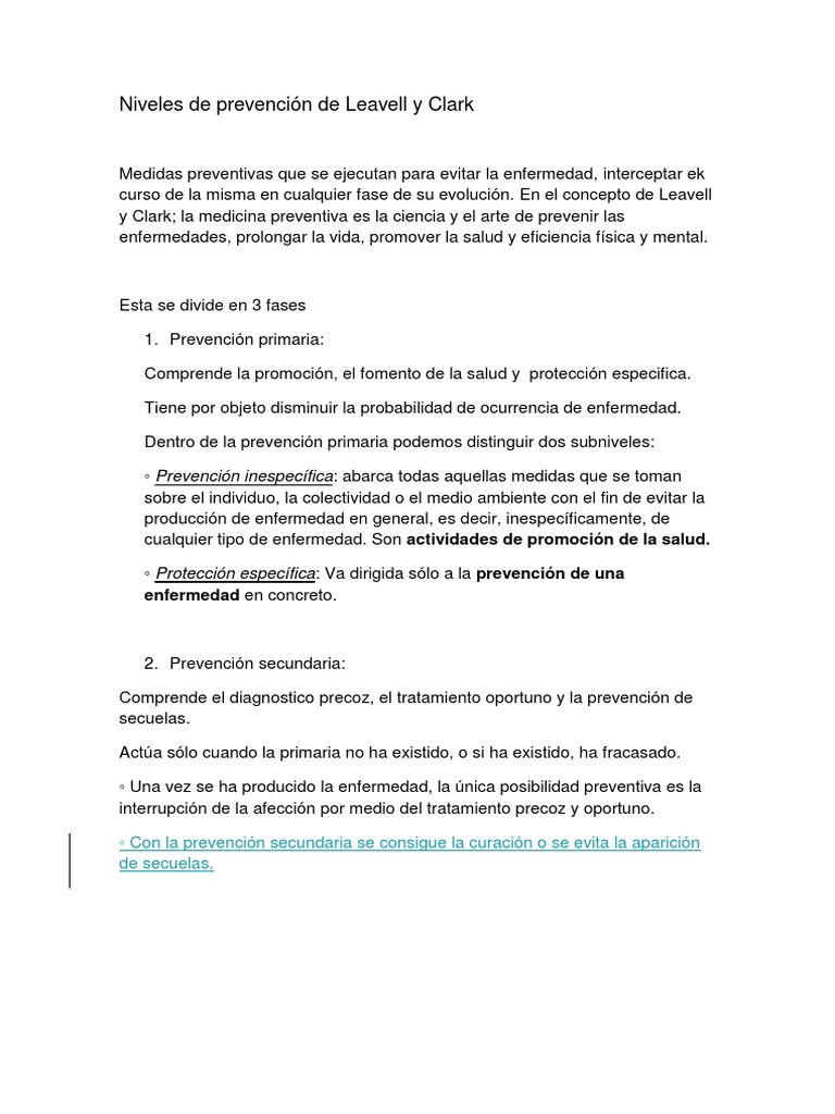 Niveles de prevención de Leavell y Clark