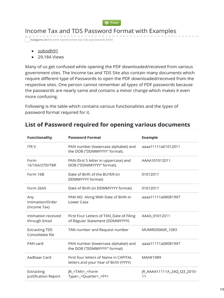 Income Tax and TDS Password Formats | PDF | Letter Case | Password