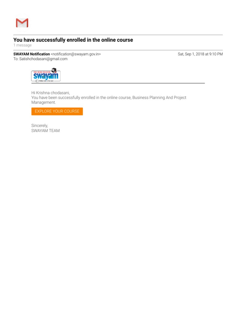 Gmail - You Have Successfully Enrolled in The Online Course | PDF
