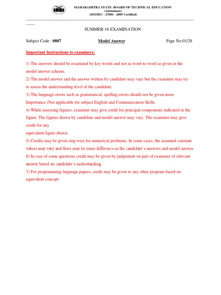 0807 Model Answer Summer 2016 | PDF