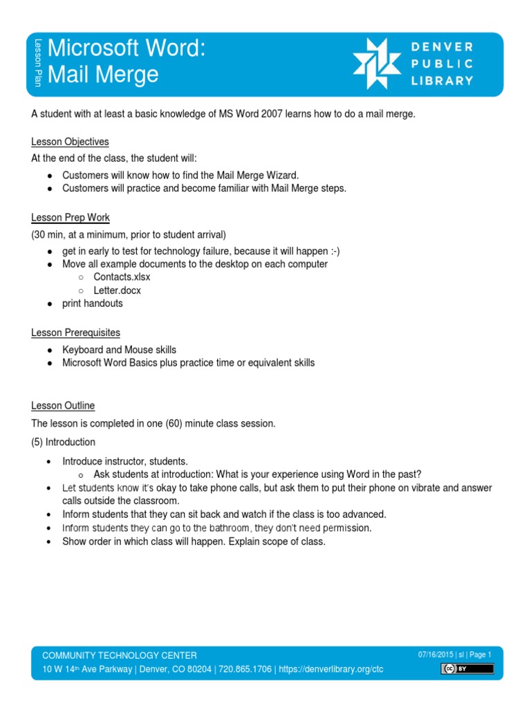 Microsoft Word - Mail Merge Lesson Plan | PDF | Microsoft Excel ...