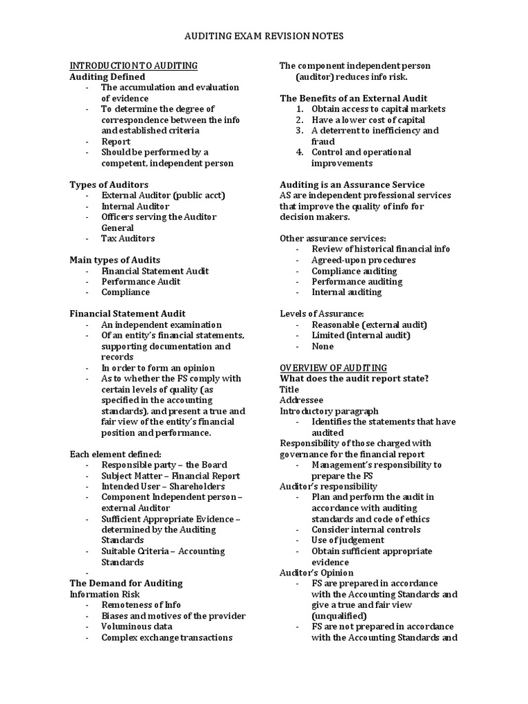 Auditing Exam Revision Notes PDF | PDF | Financial Audit | Audit