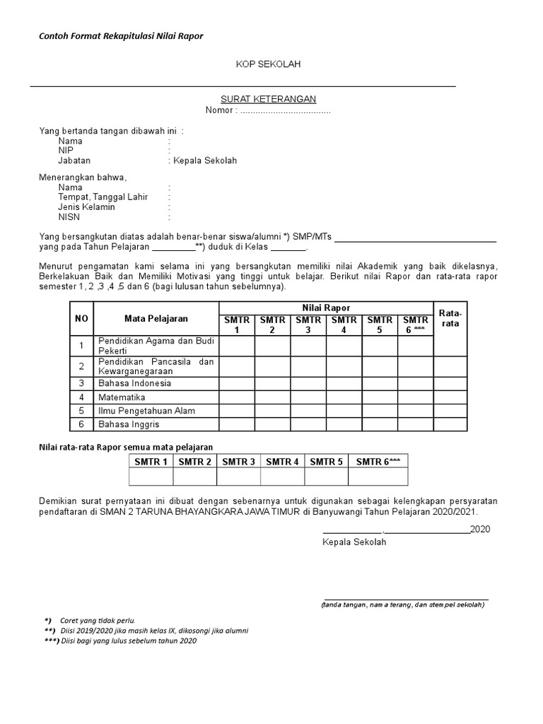 Rekapitulasi Nilai Rapor PPDB 2020 | PDF