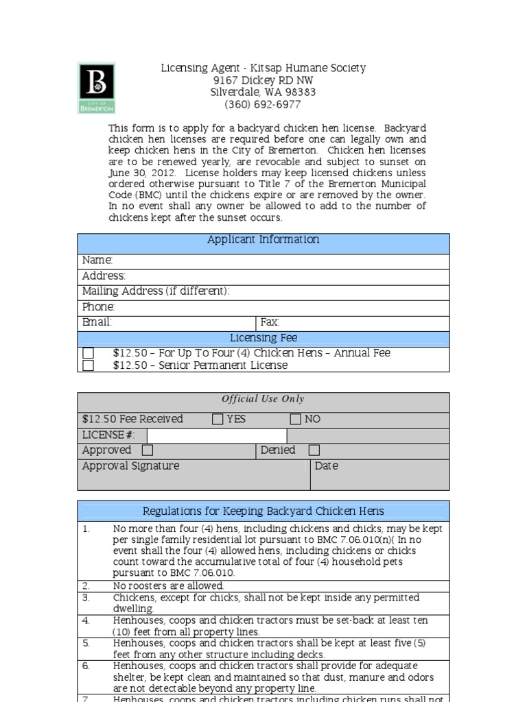 Bremerton Chicken Permit Application | PDF | Chicken | License