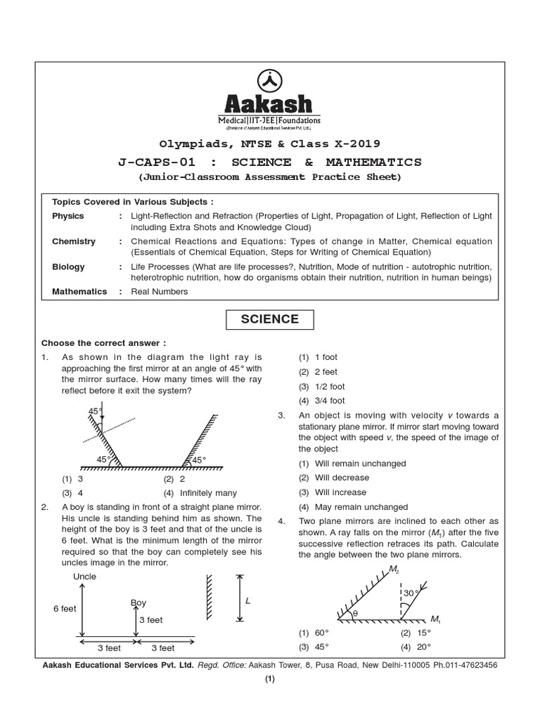 J-CAPS-01 (SC+MATHS) Class X (17th To 23rd Apr 2020) by AAKASH Institute | PDF | Mirror | Chemistry