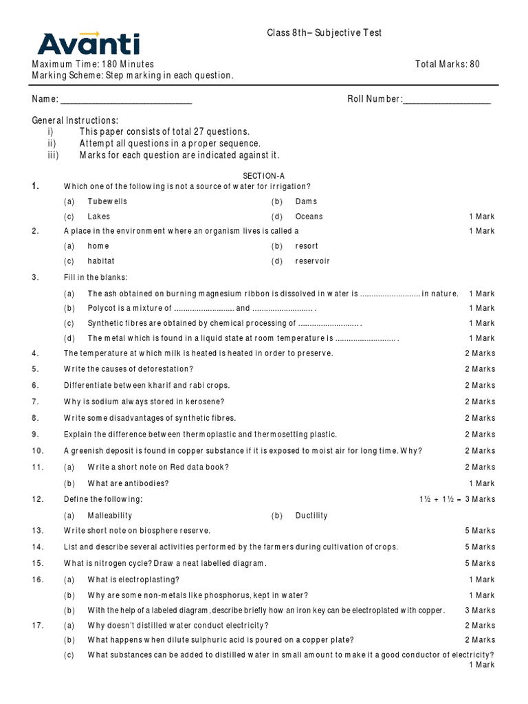 Class 8 Subjective Test | PDF | Friction | Sound