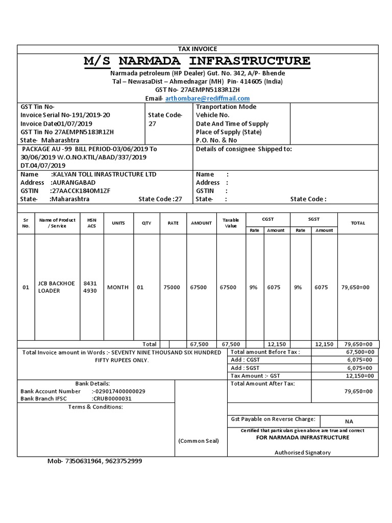 JCB 191 Bill Bidkin June 19 | PDF | Taxation | Invoice