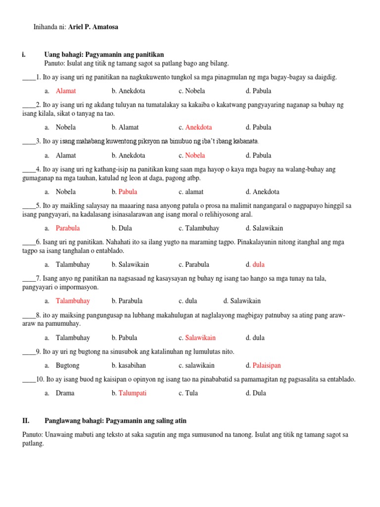 Pagtataya Mulitple Choice | PDF