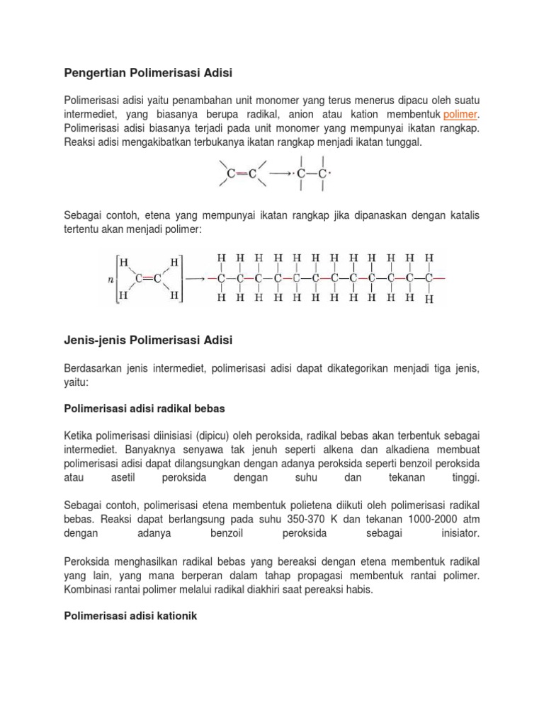 Pengertian Polimerisasi Adisi Dan Jenisnya | PDF