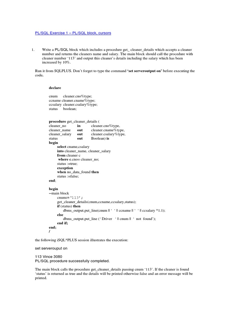 Increasing Cleaner Salaries by 10% Using PL/SQL Blocks and Cursors | PDF | Pl/Sql | Data