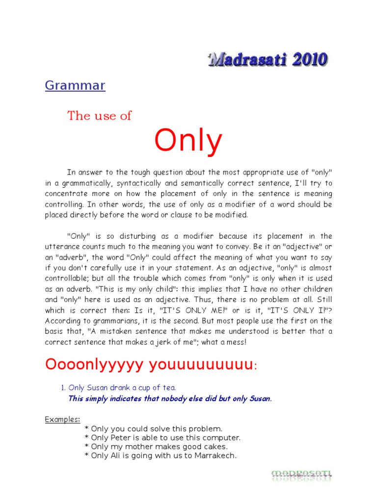 The Use of "ONLY" | PDF | Adverb | Onomastics