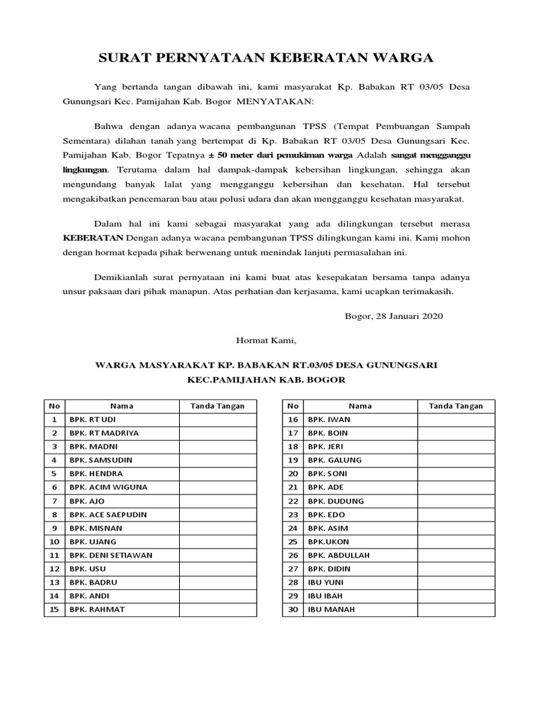 Surat Pernyataan Keberatan Warga | PDF