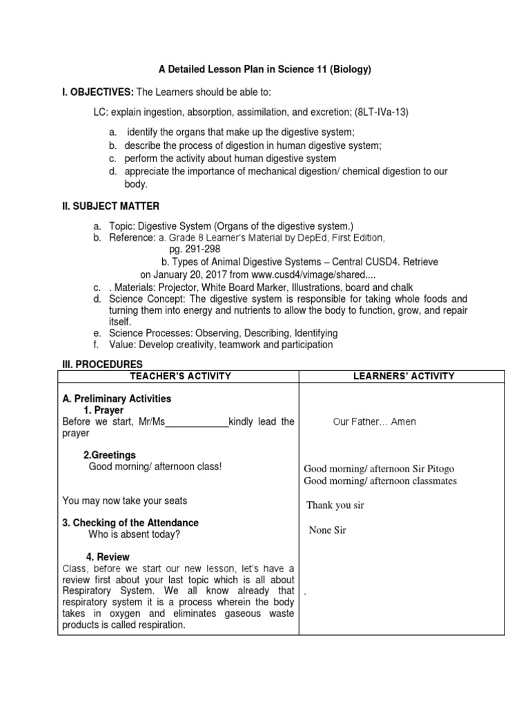 Digistive Detailed Lesson Plan | PDF | Digestion | Human Digestive System