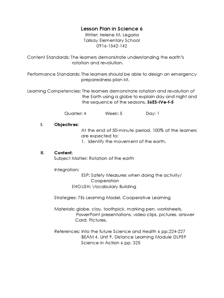 Lesson Plan in Science 6 Day 1 | PDF | Rotation | Earth