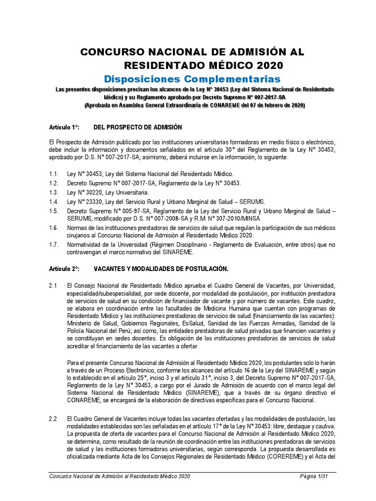 Disposiciones Complementarias 2020 | PDF | Prueba (evaluación) | Medicina