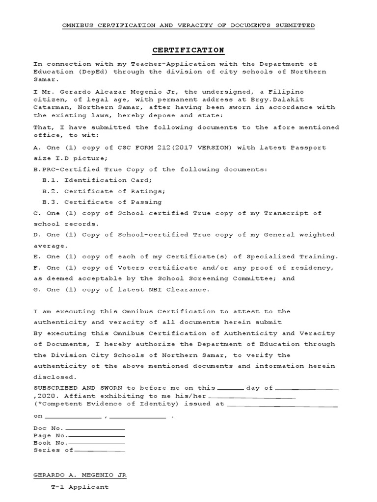 Omnibus Certification and Verasity of Documents Submitted | PDF