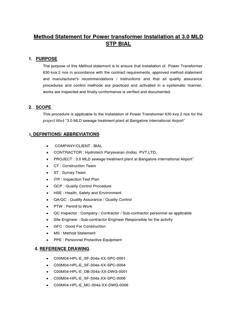 Method Statement For Power Transformer BIAL STP | PDF | Safety ...