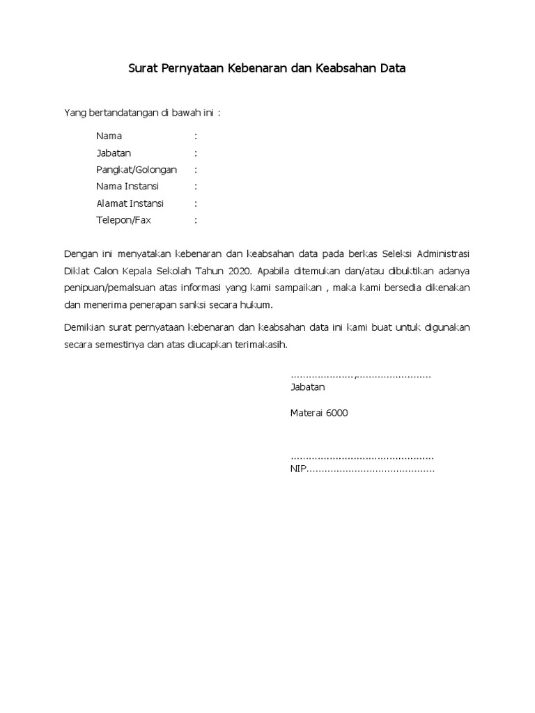 Surat Pernyataan Kebenaran Dan Keabsahan Data | PDF