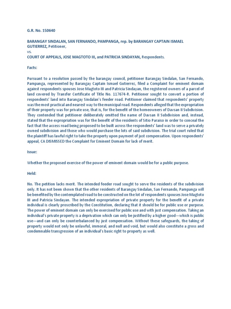 RULE 67 - BARANGAY SINDALAN Vs CA | PDF | Eminent Domain | Complaint