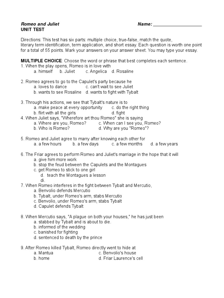 Romeo and Juliet Test MC | PDF | Characters In Romeo And Juliet | Romeo ...
