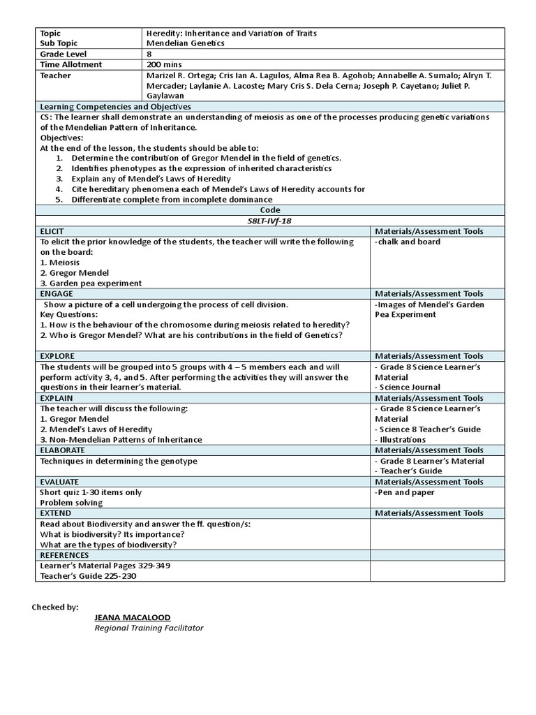 Grade 8 Mendelian Genetics Lesson Plan | PDF | Heredity | Genetics
