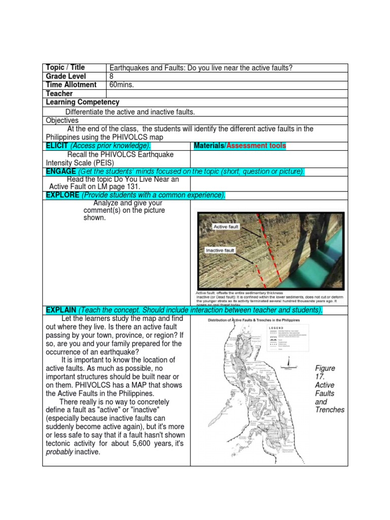 7E Lesson PlanACTIVE FAULTS - P6xy | PDF | Earthquakes | Education Theory