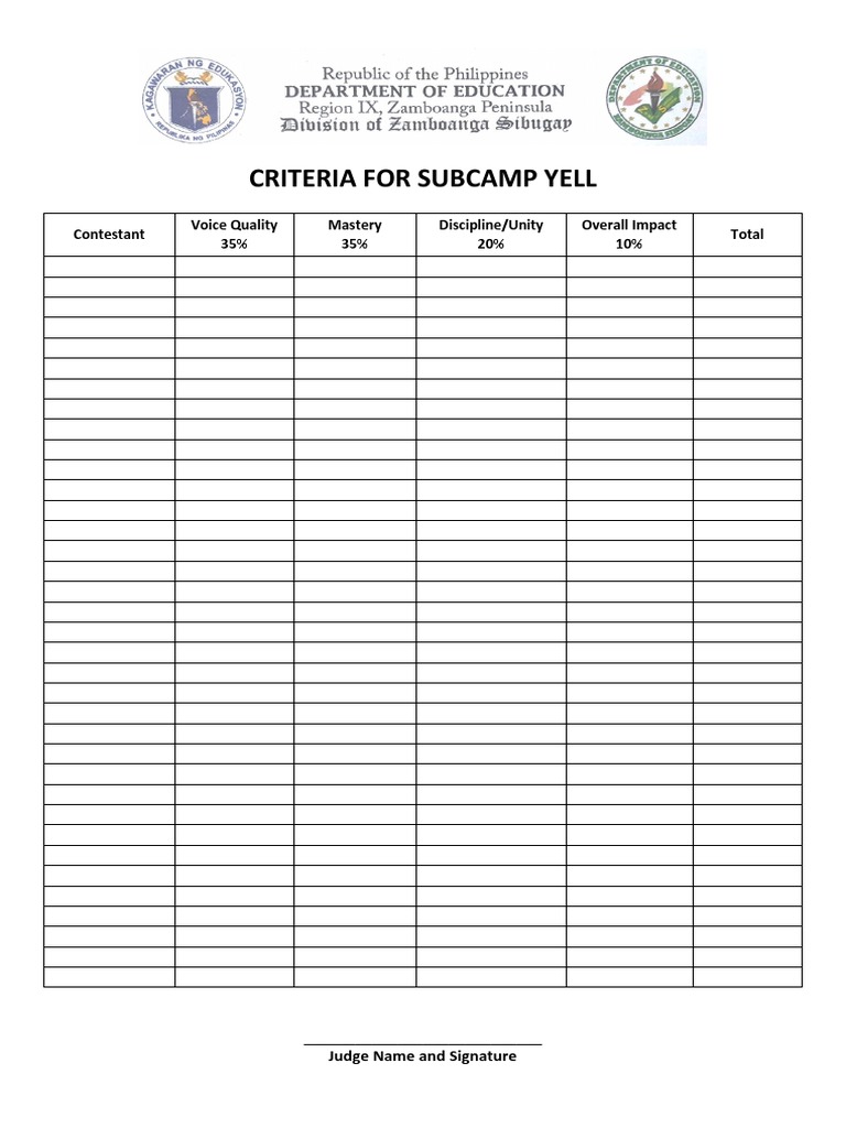 Criteria for Subcamp Yell Competition Results | PDF