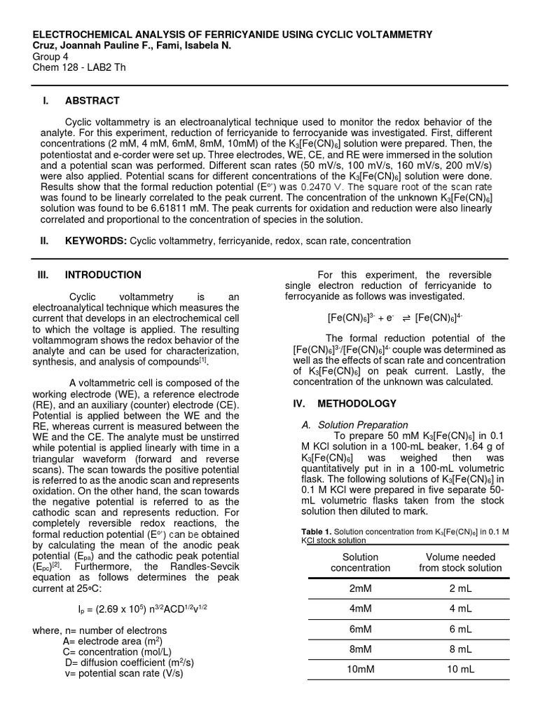 Electrochemical Analysis of Ferricyanide Using Cyclic Voltammetry | PDF ...