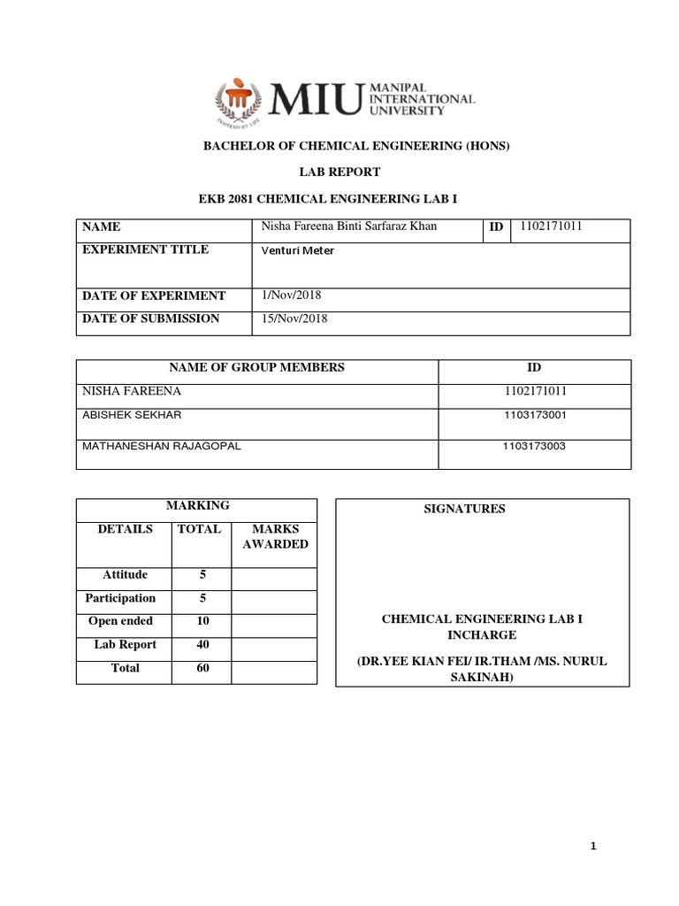 Lab 1 Report (Venturi Meter) | PDF | Flow Measurement | Pressure ...