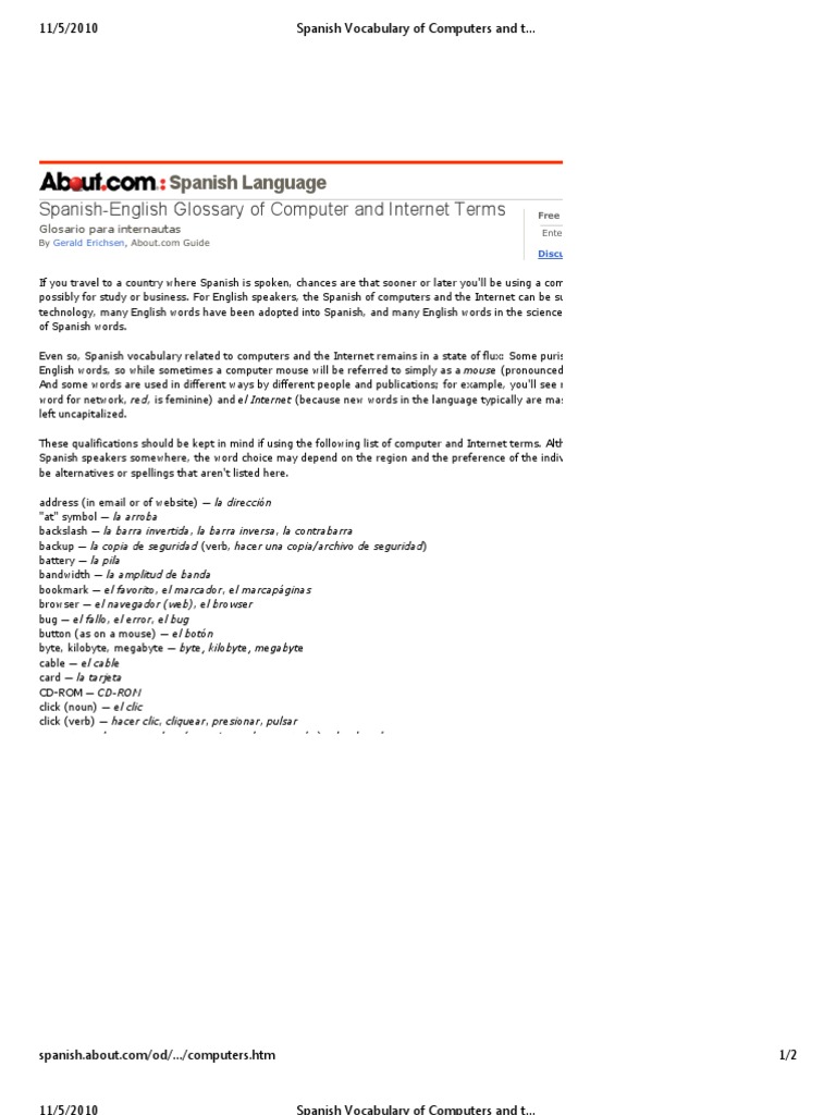 Spanish Vocabulary of Computers and The Internet - Glosario para ...