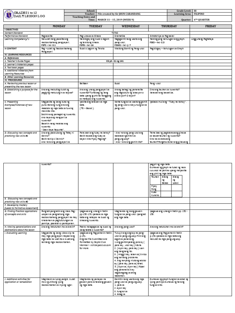 DLL - Filipino 3 - Q4 - W9 | PDF