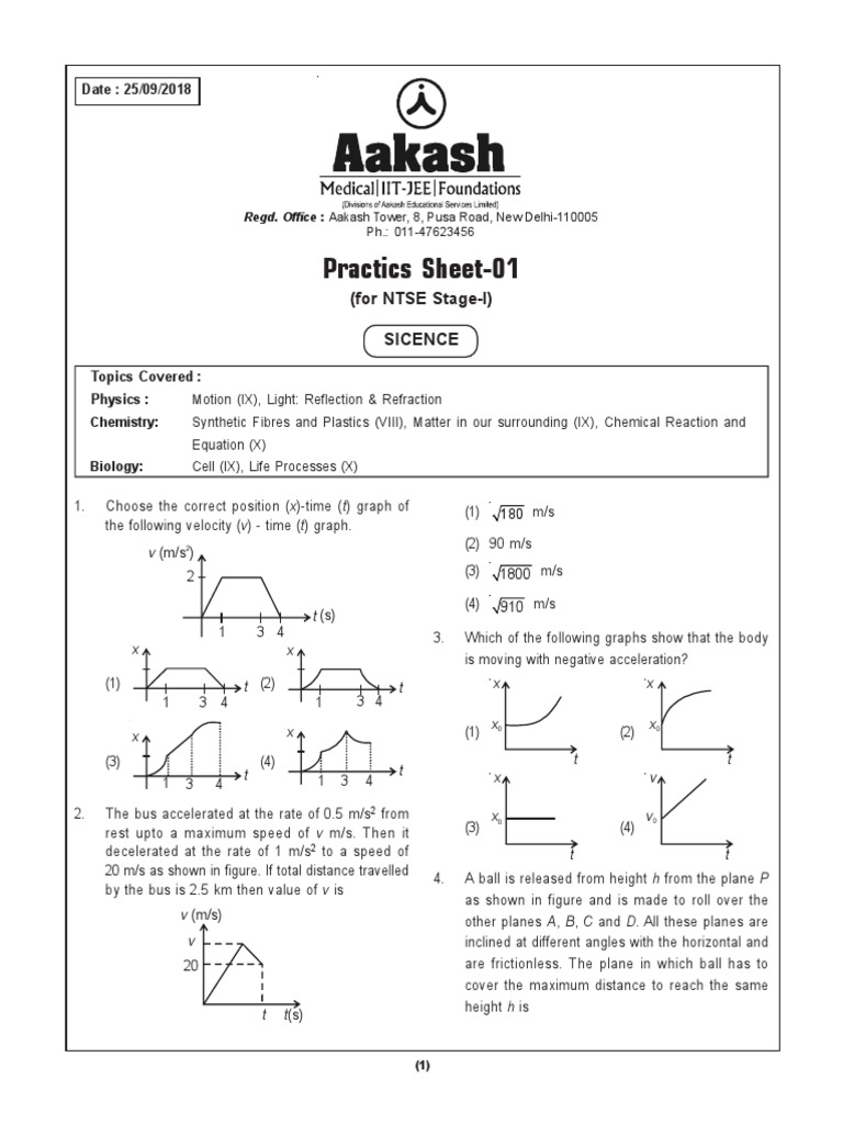 Aakash DPP for NTSE Stage-I Science | PDF | Velocity | Chloroplast