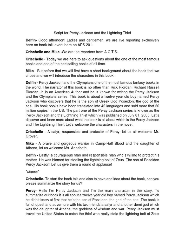 Script for Percy Jackson and the Lightning Thief | Mythology | Greek ...