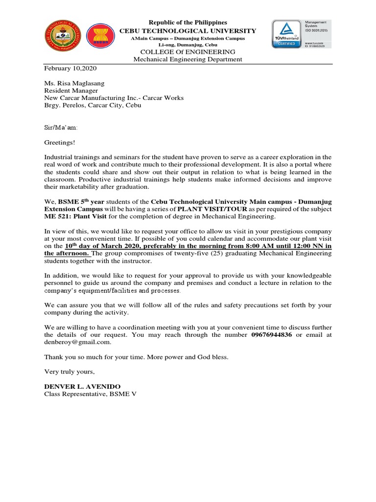 Plant Visit Letter | Download Free PDF | Cebu | Engineering