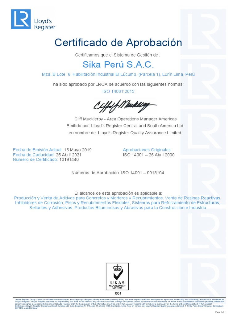 Certificación ISO 14001:2015 Sika Perú | PDF | Naturaleza | Business