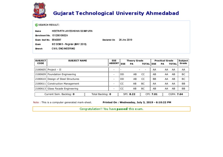 Result 8th Sem - GTU, Ahmedabad | PDF