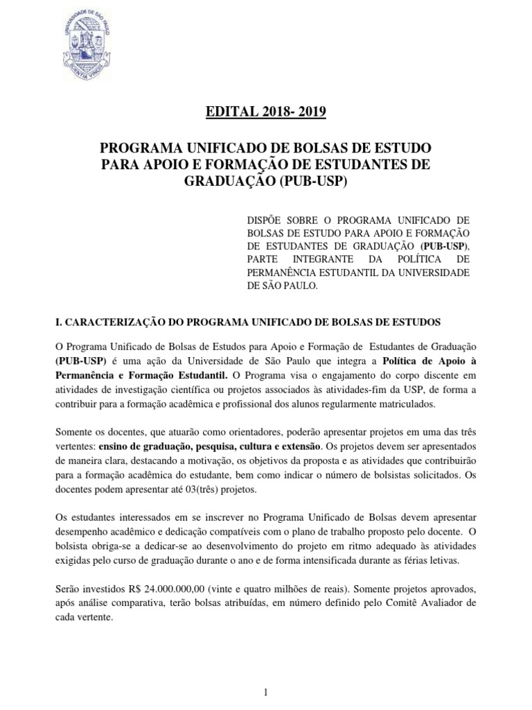 Edital Pub Usp 2018 2019 PDF | PDF | Bolsa de estudos | Formação ...