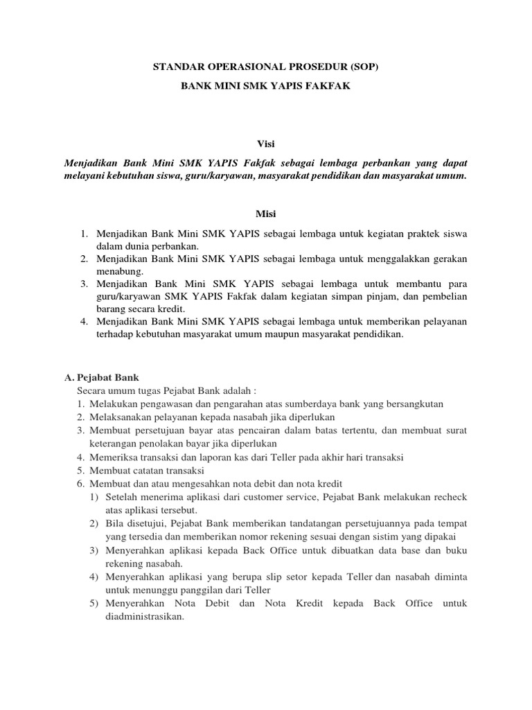 SOP Bank Mini SMK YAPIS | PDF