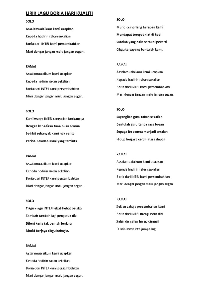 Lirik Lagu Boria Hari Kualiti | PDF | Seni & Disiplin Bahasa | Puisi