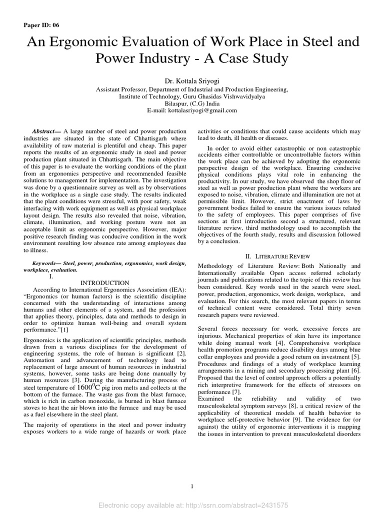 An Ergonomic Evaluation of Work Place in Steel and Power Industry-A ...