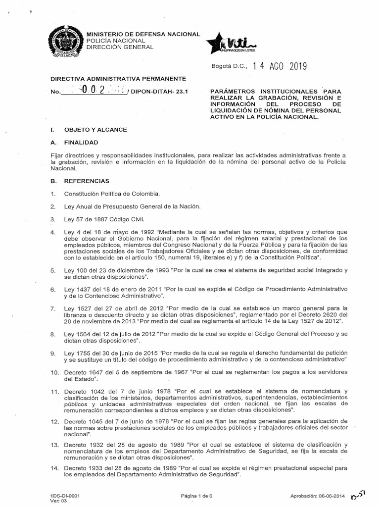 D.A.P. No. 002 DIPON-DITAH Del 140819 Grabación de Nomina | PDF