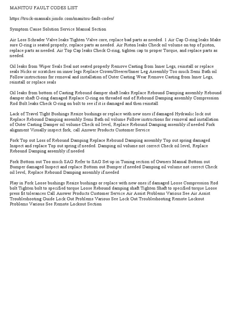 Manitou Fault Codes List | PDF