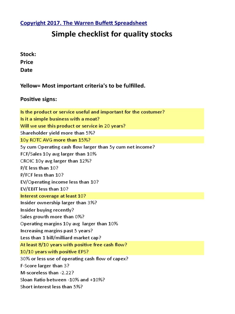 Simple Checklist For Quality Stocks | PDF | Free Cash Flow | Stocks