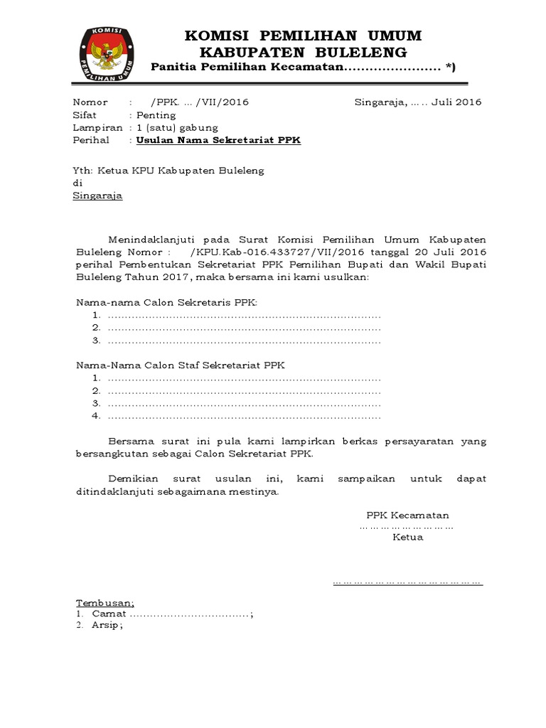Surat Usulan Nama Sekretariat PPK Contoh | PDF